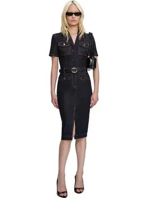 SELF-PORTRAIT Stretch Denim Midi Dress With Removable Belt And Front Slit - Blue