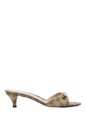 Gucci Elegant Gg Canvas Horsebit Low Heel Sandals 45mm - Beige