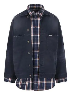 Balenciaga Cotton Coat With Plaid Overlay - Navy
