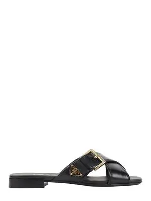 Prada Leather Crisscross Slides With Buckle - Black