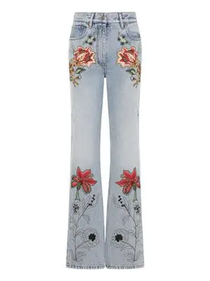 Valentino Garavani VALENTINO High-Rise Floral Embroidered Straight Jeans Blue