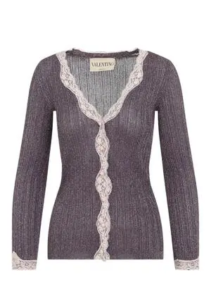 Valentino Garavani Ribbed Lace Trimmed Cardigan - Red