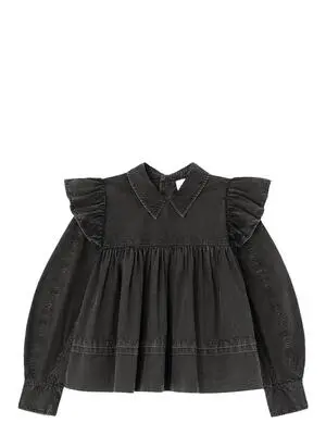 GANNI Washed Frill Blouse - Black