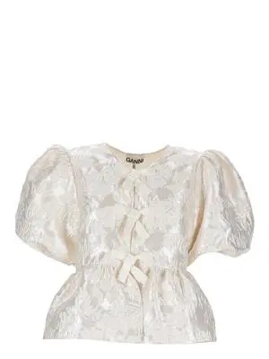 GANNI GANNI Puff Sleeve Tie-Front Jacquard Blouse Ivory