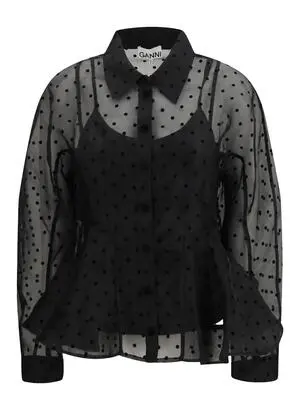 GANNI Sheer Polka Dot Button-up Blouse - Black