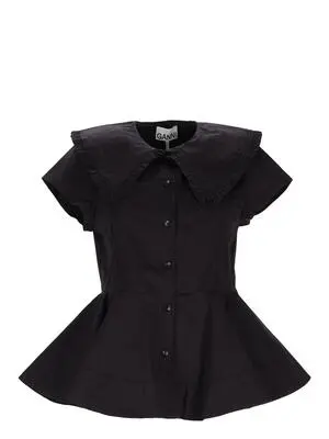 GANNI GANNI Collared Button-Front Peplum Top Black