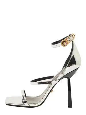 Versace Safety Pin Leather Heeled Sandals - Silver