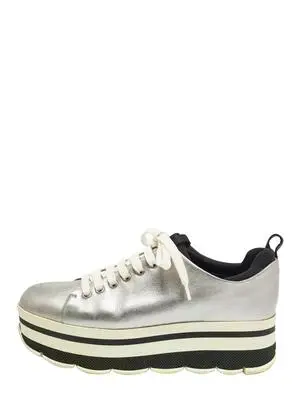 Prada Metallic Leather Platform Lace-up Sneakers - Silver