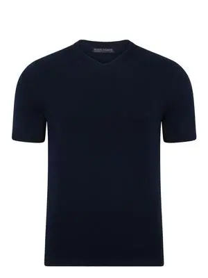 PAUL JAMES KNITWEAR Ultra Fine Cotton Hudsonn High V Neck Knitted T-shirt Navy - Blue