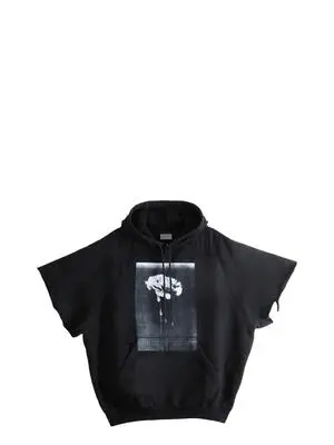 Balenciaga Artwork Printed Distressed Short-sleeved Hoodie - Black