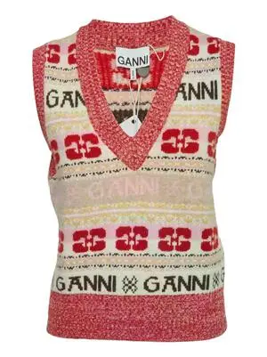GANNI V-neck Knit Vest - Neutrals