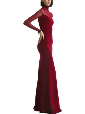 2310 STUDIO Mesh Panelled Long Sleeve Maxi Dress - Red
