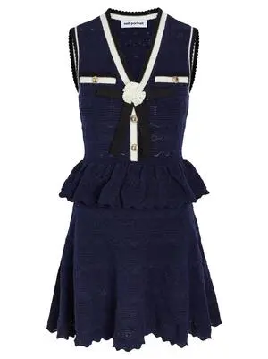 SELF-PORTRAIT Peplum Pointelle-knit Mini Dress - Navy