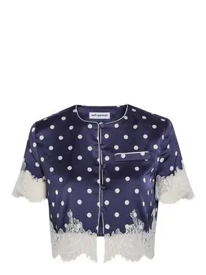 SELF-PORTRAIT Polka Dot Lace-trim Satin Cropped Top - Navy