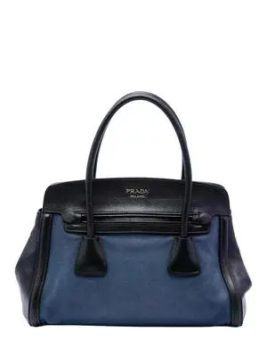 Prada Bicolor Saffiano Leather Trimmed Canvas Satchel - Blue