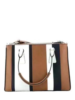 Prada Prada Double Zip Lux Striped Saffiano Leather Small Tote Bag Black