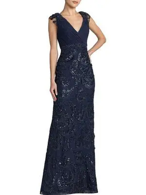 Mac Duggal Petite Floral Beaded Chiffon V-neck Evening Gown - Midnight