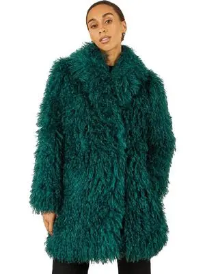 YUMI Luxe Long Hair Faux Fur Overcoat - Teal