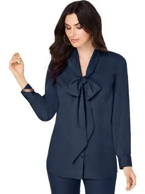 ROAMAN'S Long Sleeve Bow Blouse - Navy