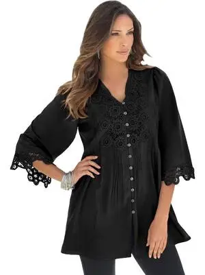 Roaman's Roaman's Juliet Lace Trim Button-Down Shirt Black