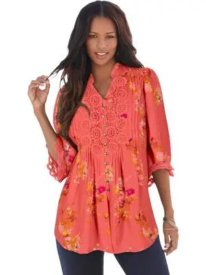 Roaman's Roaman's Juliet Lace Trim Button-Down Shirt Orange