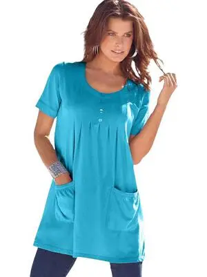Roaman's Roaman's Soft Knit Swing Tunic With Pockets Ocean