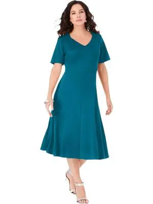 ROAMAN'S Ponte Fit & Flare Dress With Faux Shrug - Deep Teal