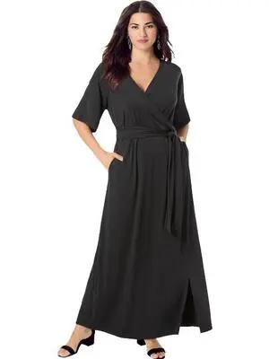 Roaman's Roaman's Flutter Sleeve Wrap Maxi Dress Black
