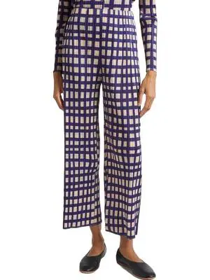 Issey Miyake Basket Print Pleated Crop Straight Leg Pants - Navy
