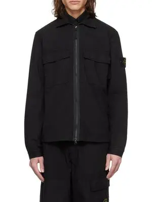 Stone Island Compass-appliqué Zip-up Shirt Black
