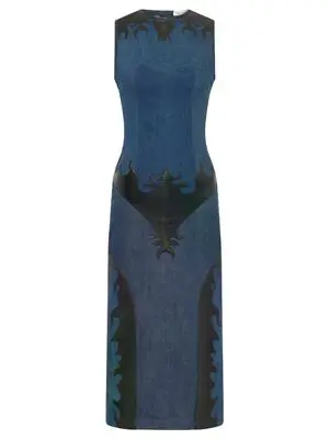 MARINE SERRE Denim Midi Dress With Leather Patches - Blue
