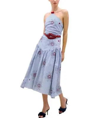 Silvia Tcherassi Floral Embroidered Striped Midi Dress - Blue