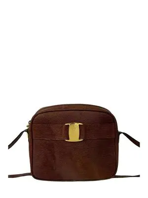 FERRAGAMO Lizard Embossed Leather Vara Crossbody Bag - Brown