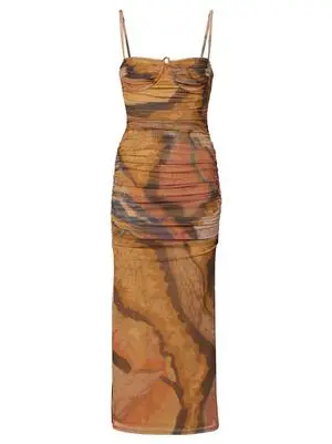 SIR. Draped Printed Mesh Midi Dress - Multicoloured