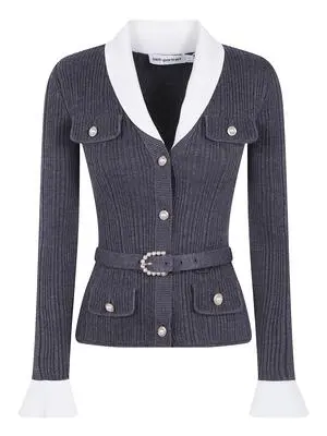 SELF-PORTRAIT Ribbed Knit Cardigan With Belt And Button Detail - Gray