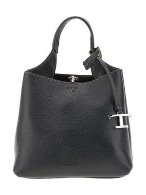 TOD'S Grained Leather Mini Shopping Bag With T Timeless Charm - Black