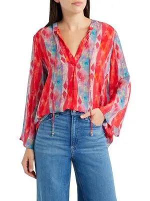 APNY Printed Split Neck Bell Sleeve Top - Red Multi