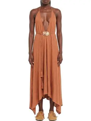 Alanui Linen Midi Dress With Halter Neck And Asymmetric Hem - Brick Red