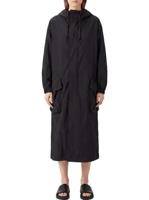 Y’s Long Nylon Parka With Adjustable Hood And Patch Pockets - Black