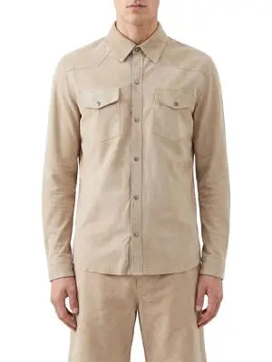 SALVATORE SANTORO Suede Leather Shirt Jacket With Curved Hem - Ivory