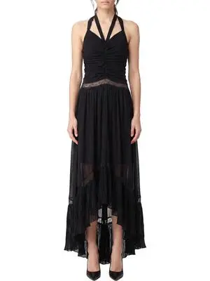 Blumarine Asymmetrical Midi Georgette Dress With Lace Inserts - Black