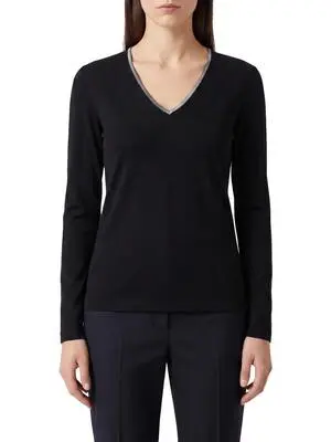 Fabiana Filippi Long-sleeved V-neck T-shirt In Cotton With Contrast Trims - Blue