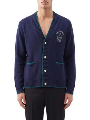 Casablanca V-neck Wool And Cashmere Cardigan With Jacquard Logo - Blue
