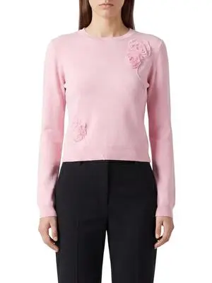 SELF-PORTRAIT Floral Appliqué Wool & Silk Blend Crewneck Jumper - Pink