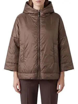 Max Mara Hooded Short Down Jacket In Technical Fabric With Dropped Shoulders - Brown