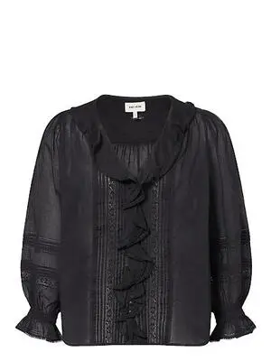 ME+EM Ruffle-trim V-neck Cotton-voile Blouse - Black