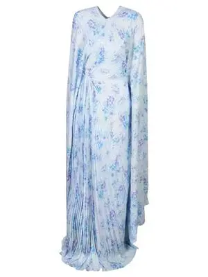 Balenciaga Floral Print Pleated Maxi Dress - Blue