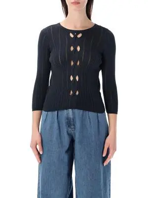 SESSUN Reversible Rib-knit Sweater With Cut-out Detailing And 3/4-length Sleeves - Smoke Green