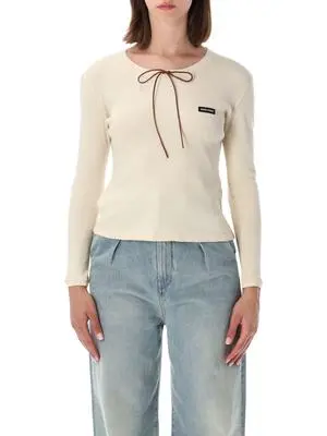 Miu Miu MIU MIU Waffle Knit Long Sleeve Top With Lace-Up Detail Ecru'