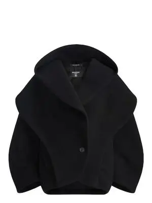 Balmain Oversized Wool Pea Coat With Hood - Black